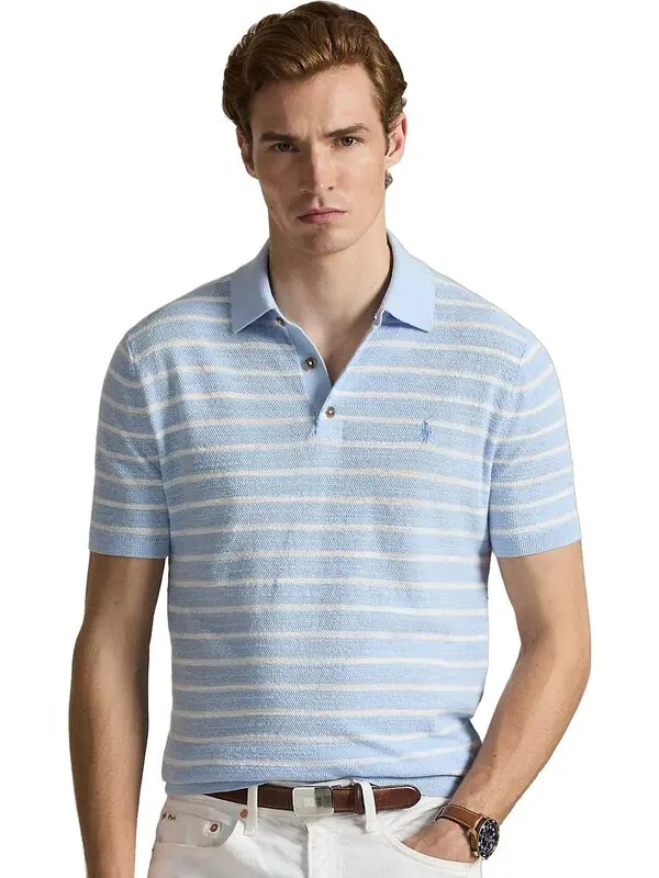 Ralph Lauren Striped Cotton-linen Short-sleeve Polo Sweater - Office Blue Combo