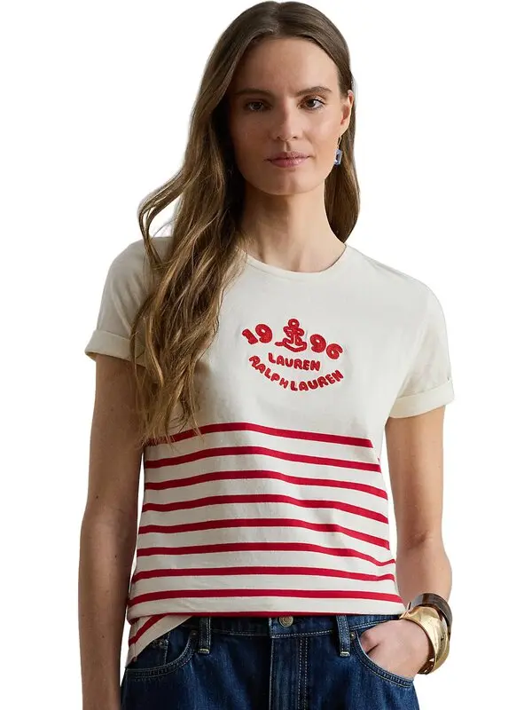 Ralph Lauren Striped Embroidered Logo Jersey T-shirt - Mascarpone Cream/red