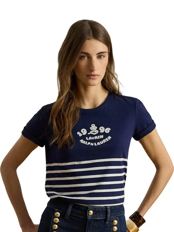 Ralph Lauren Striped Embroidered Logo Jersey T-shirt - Refined Navy/cream