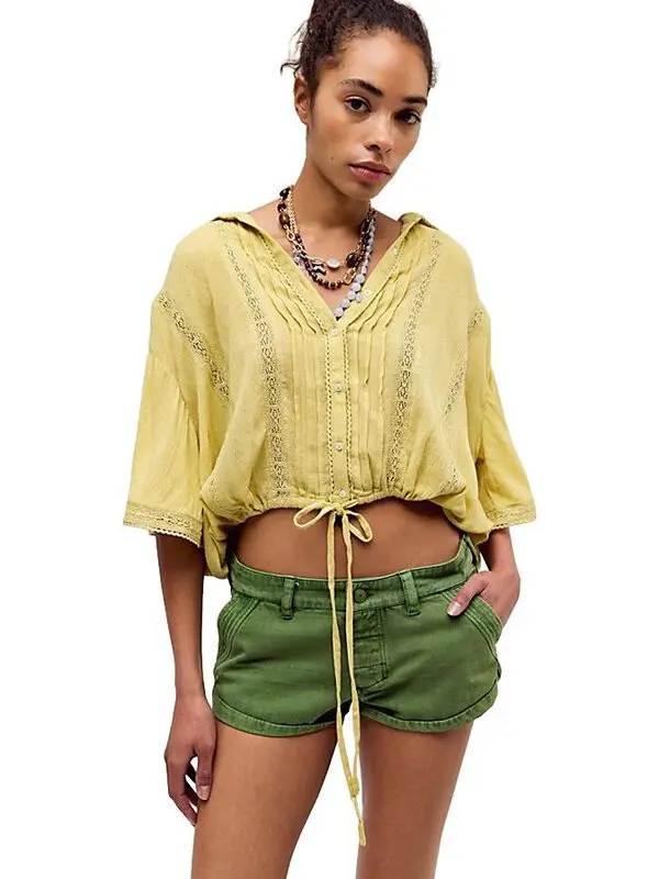 Free People Button-front Cropped Blouse With Lace Trim And Drawstring Waist - Dusted Palm