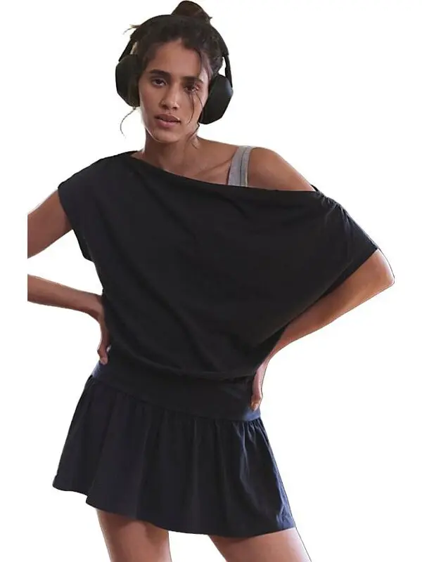 Free People Off-the-shoulder Pleated Dress With Built-in Shorts - Black