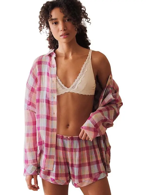 Free People Lightweight Crinkled Cotton Oversized Sleep Shirt - Melon Combo