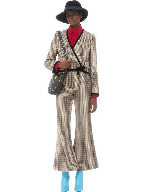 Valentino Garavani Short Houndstooth Wrap Jacket With Velvet Trim - Brown / Neutral