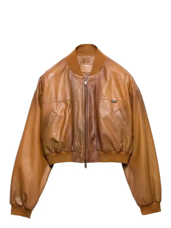 Prada Cropped Nappa Leather Jacket With Ribbed Trim - Brown