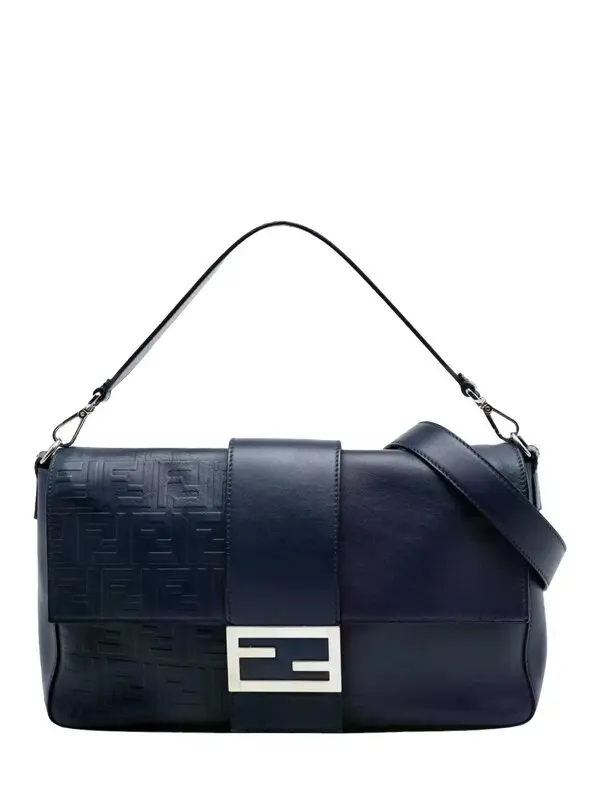 Fendi Zucca Embossed Leather Convertible Belt Baguette Satchel - Blue