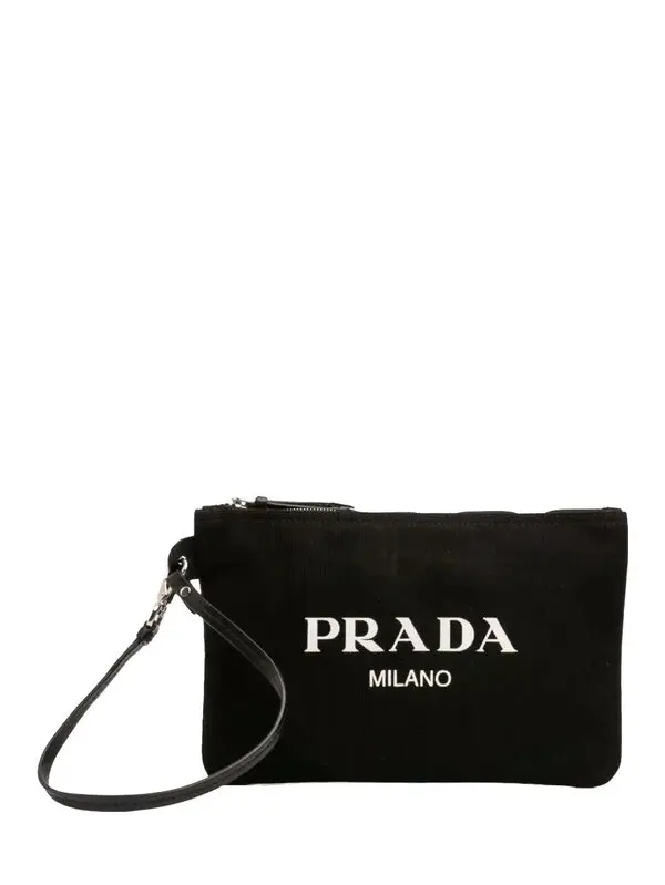 Prada Canapa Canvas Logo Wristlet Pouch - Black