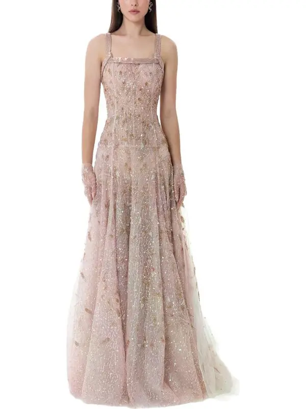 DINA MELWANI Hand-embroidered Stardust Tulle Maxi Gown - Pink