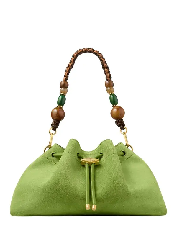 JIMMY CHOO Medium Suede Beaded Bucket Bag - Green