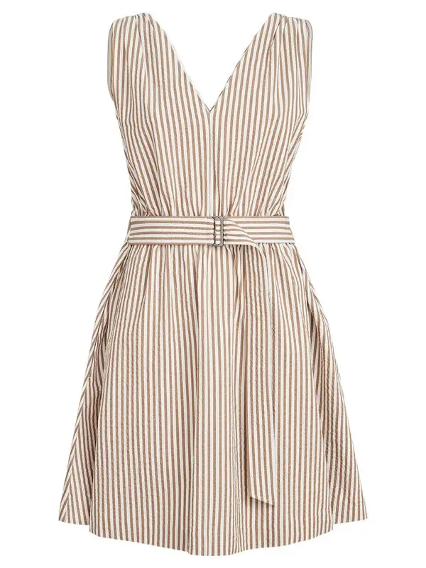 Brunello Cucinelli Seersucker Mini Dress With Belt - Beige