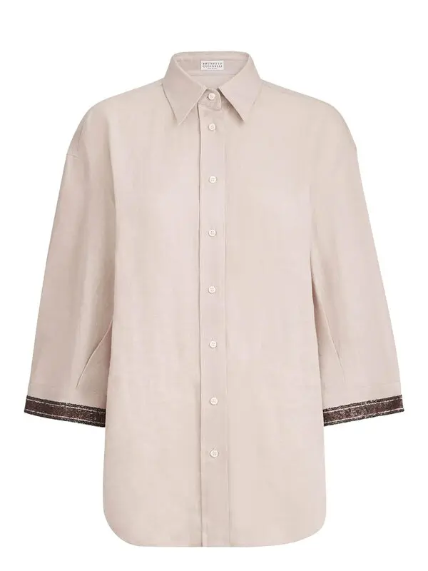 Brunello Cucinelli Linen Shirt With Embellished Cuffs - Beige
