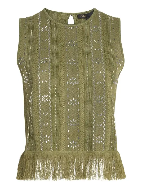 Maje Beaded Fringed Knit Tank Top - Brown