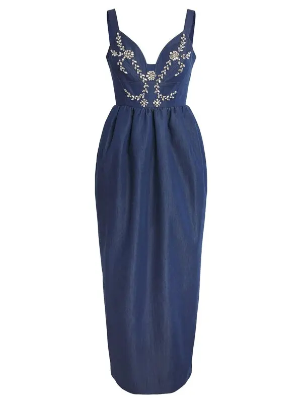 Huishan Zhang Chambray Midi Dress With Floral Embellishments - Blue