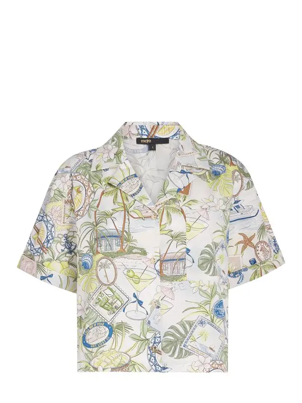 Maje Cotton Postcard Print Cropped Shirt - White