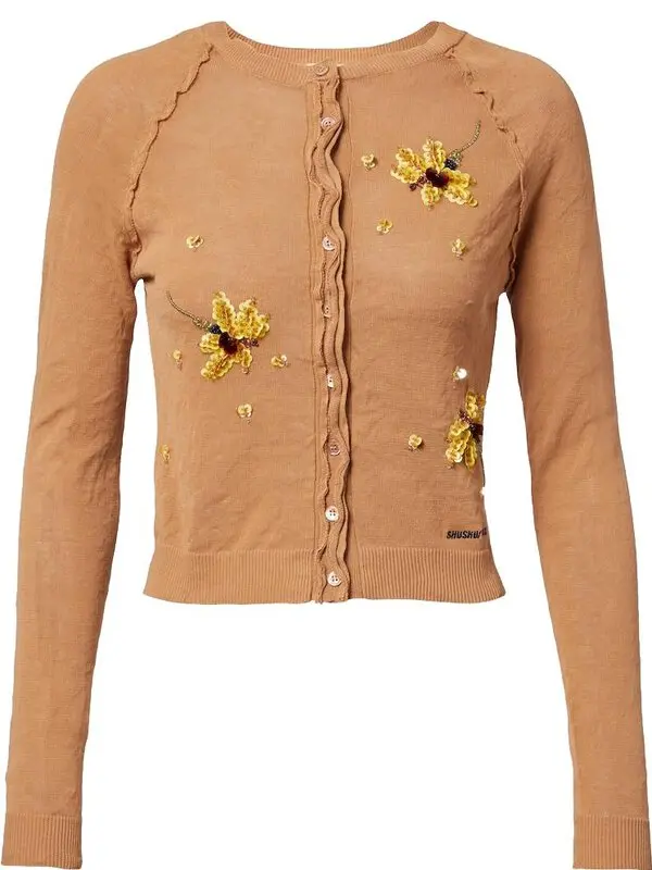 SHUSHU/TONG Beaded Floral Cotton-blend Cardigan - Beige