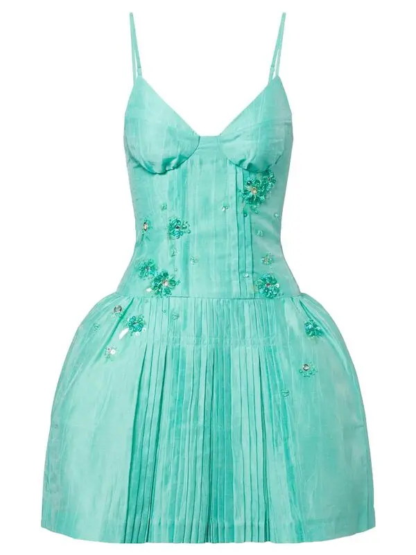 SHUSHU/TONG Embellished Linen-blend Mini Dress - Turquoise
