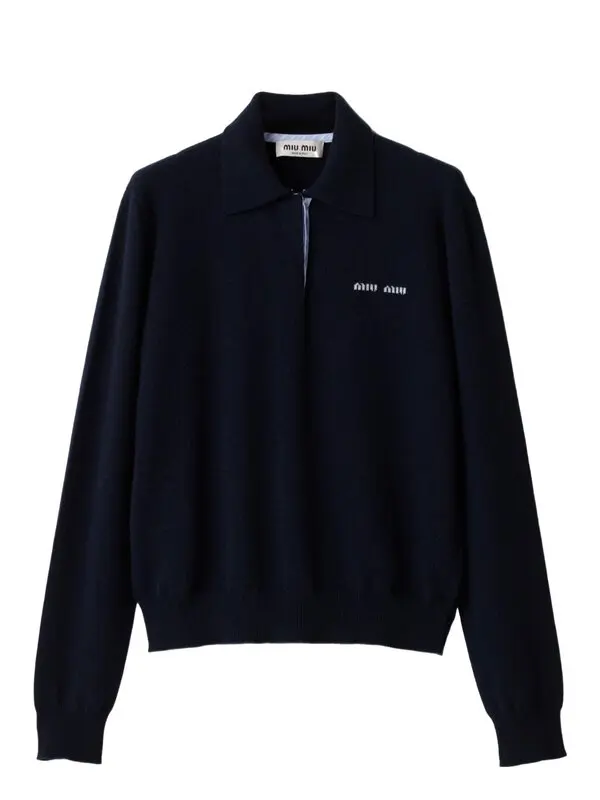 Miu Miu Long-sleeved Knitted Polo Shirt - Navy Blue