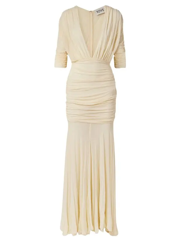 Tove Devi Draped Gathered Jersey Maxi Dress - Pastel Yellow