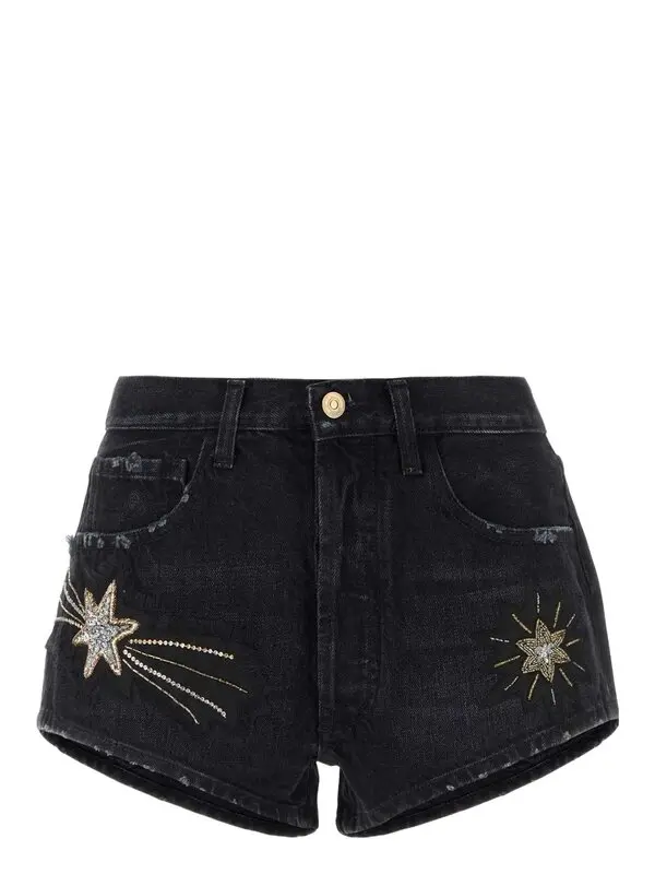 Alanui Mid-rise Denim Shorts With Star Embellishments - Black