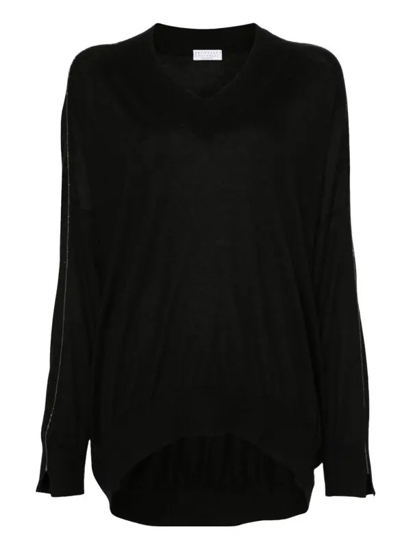 Brunello Cucinelli V-neck Knit Sweater With Monili Chain Detail - Black