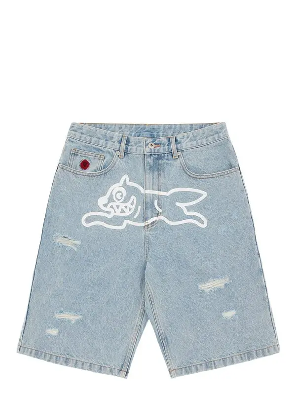 ICECREAM Running Dog Distressed Denim Shorts - Heavy Wash Blue