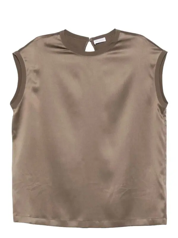 Brunello Cucinelli Sleeveless Crewneck Top With Ribbed Details - Coffee Brown