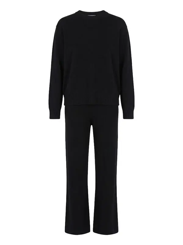 Soft Goat Long-sleeved Sweater And Drawstring Trousers Set - Black