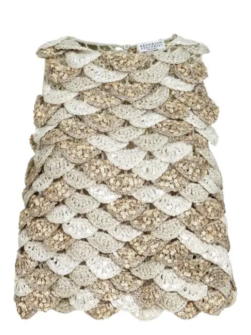 Brunello Cucinelli Handmade Jute And Cotton Knit Top With Sequins - Gray/beige