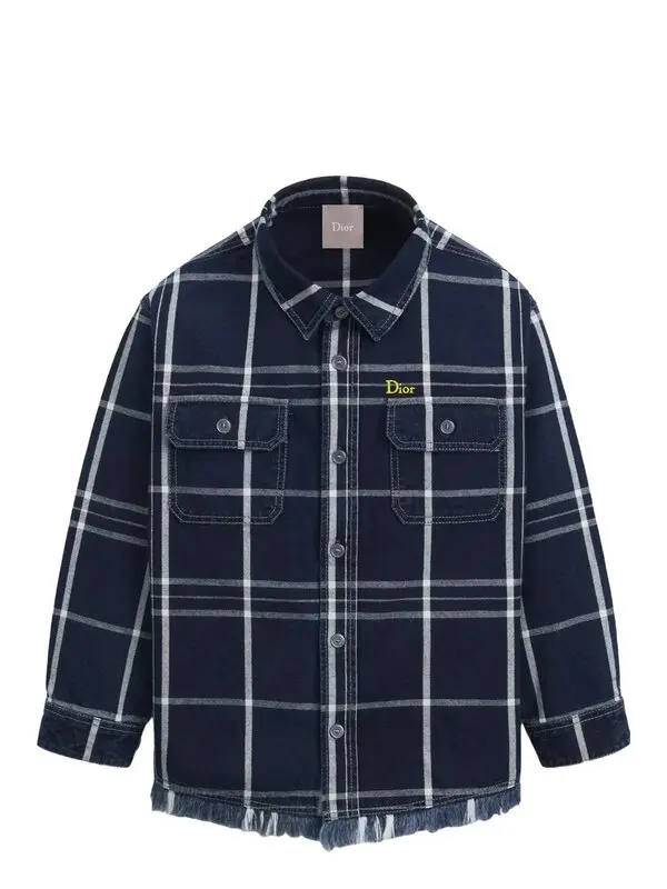 Dior Plaid Long-sleeved Shirt Jacket With Embroidered Pocket And Tasseled Hem - Blue
