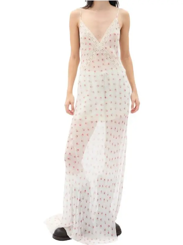 ANN DEMEULEMEESTER Maxi Dress With Spaghetti Straps And V-neckline - White/red