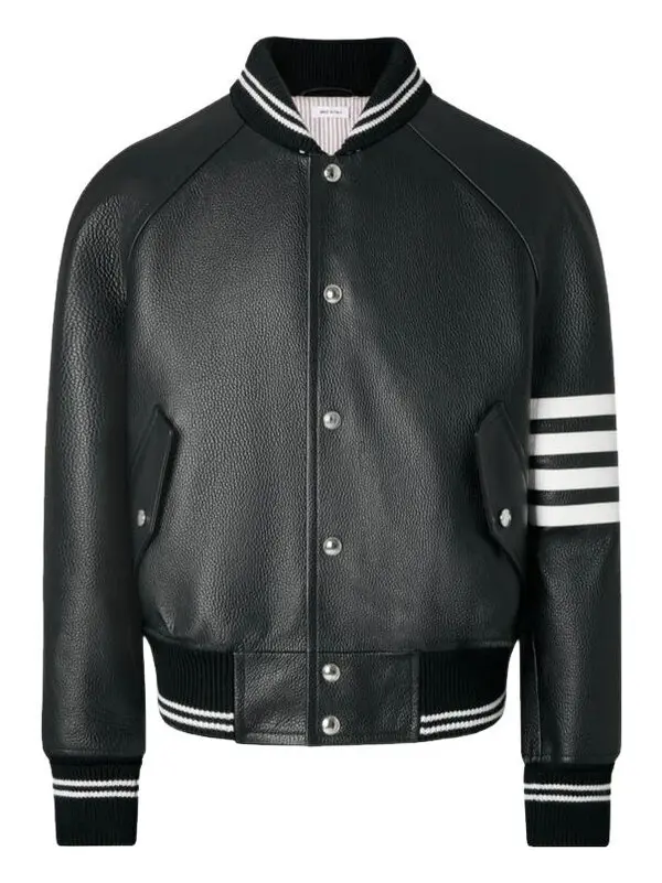 Thom Browne Raglan Sleeve Leather Baseball Jacket With Signature Stripes - Black