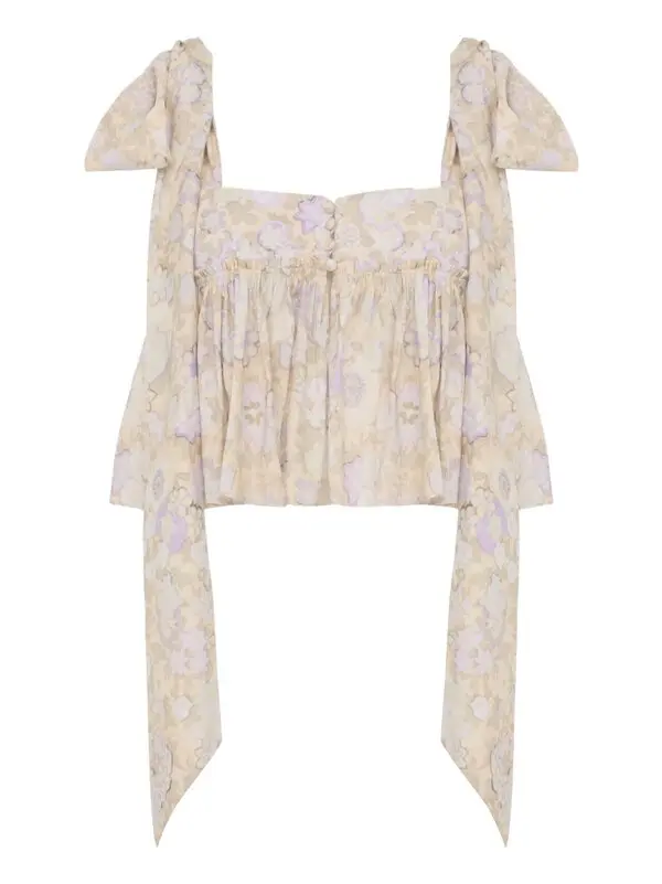 Chloé Printed Floral Tie Detail Crop Top - Multicolored Purple