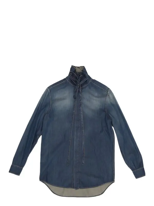 Dior Pleated Stand Collar Tie Neck Blouse - Blue