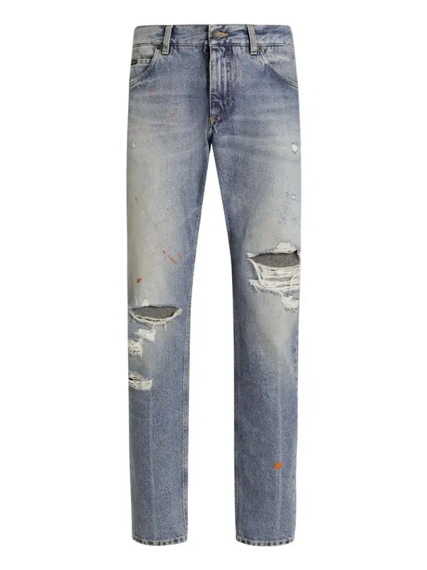 Dolce & Gabbana Ripped Logo Plaque Jeans - Gray