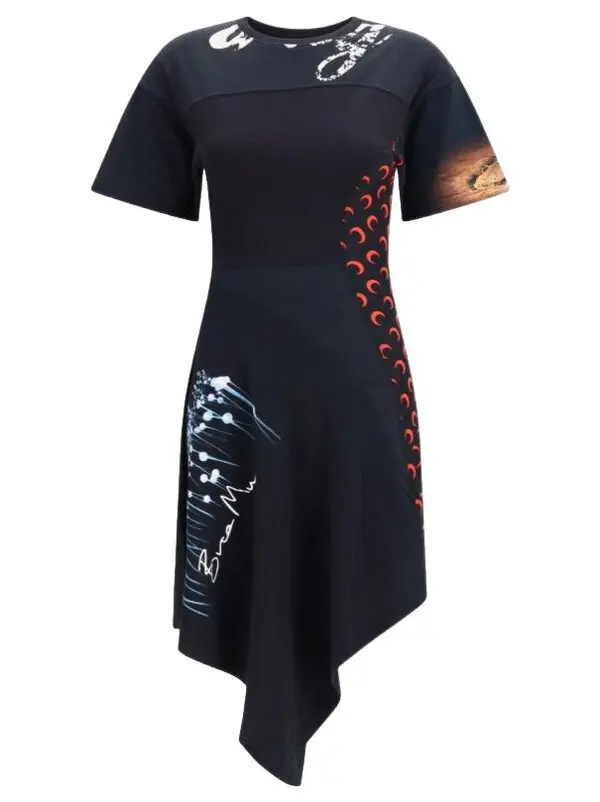 MARINE SERRE Upcycled Jersey Asymmetrical Knee Length Dress - Black