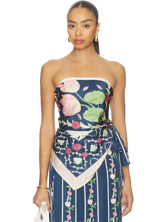 Verandah Lotus And Mallipoo Scarf Blouse - Navy