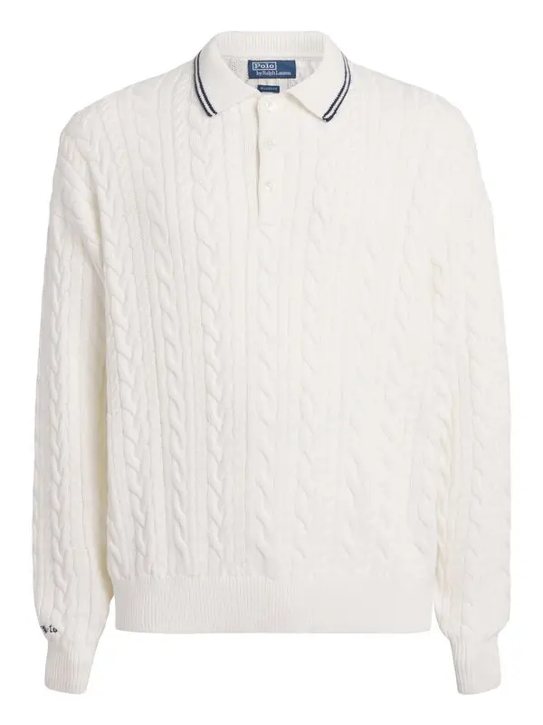 Polo Ralph Lauren Cotton-linen Cable-knit Sweater With Striped Collar - Ivory
