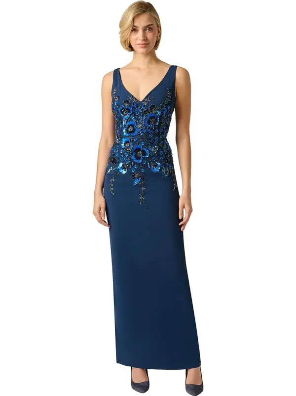 Adrianna Papell Pansy Floral Beaded Stretch Crepe Gown - Light Navy