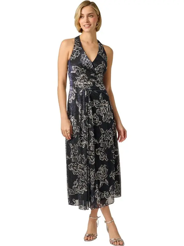 Adrianna Papell Metallic Crinkle Floral Midi Halter Dress - Black/gunmetal