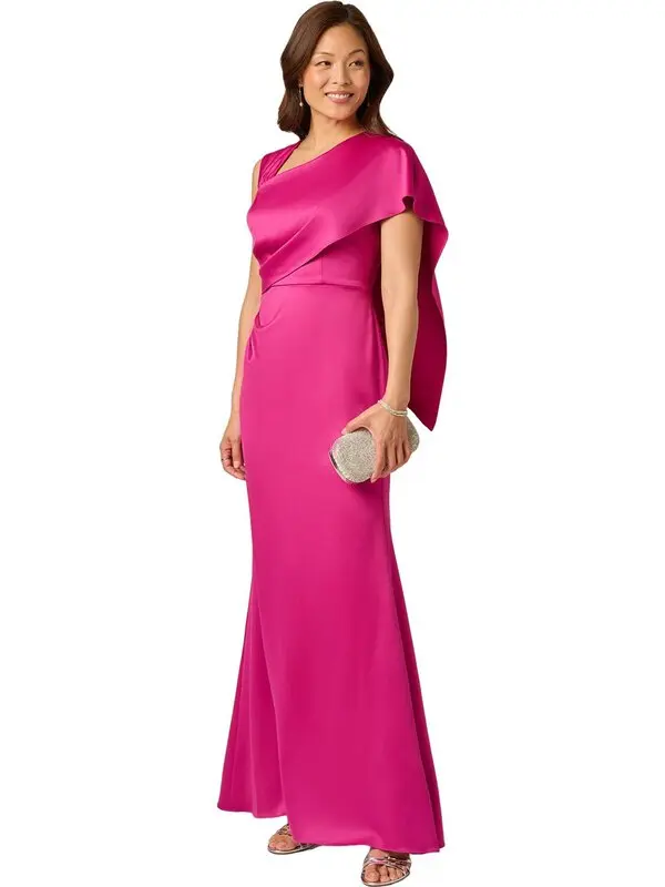 Adrianna Papell Asymmetrical Draped Satin Cape Gown - Berry Rose
