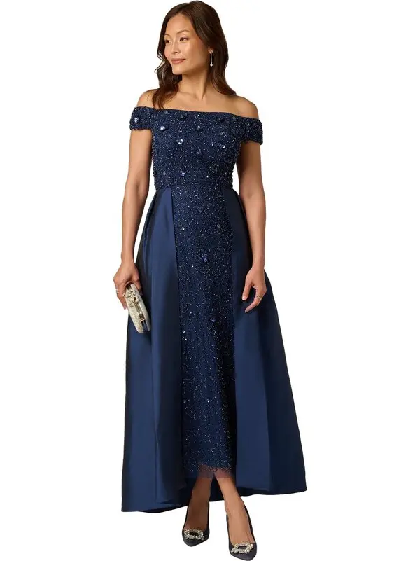 Adrianna Papell Off-the-shoulder Beaded Gown With Taffeta Overlay - Light Navy