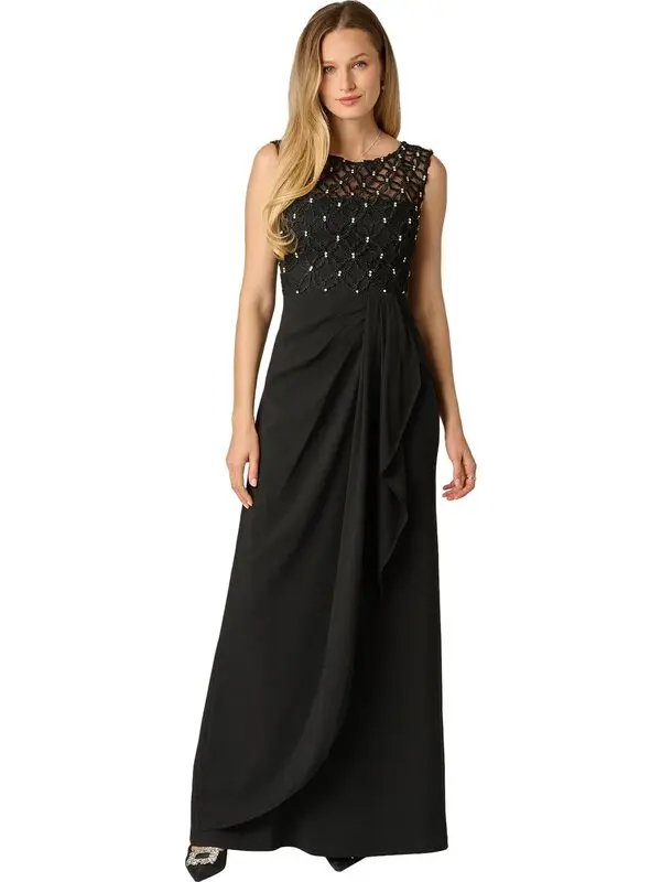 Adrianna Papell Draped Crepe Beaded Combo Gown - Black