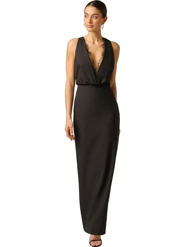 Adrianna Papell Blouson Lace Trim Plunge Gown - Black