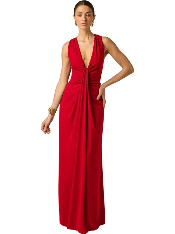 Adrianna Papell Draped Stretch Jersey Cross Back Plunge Gown - Red
