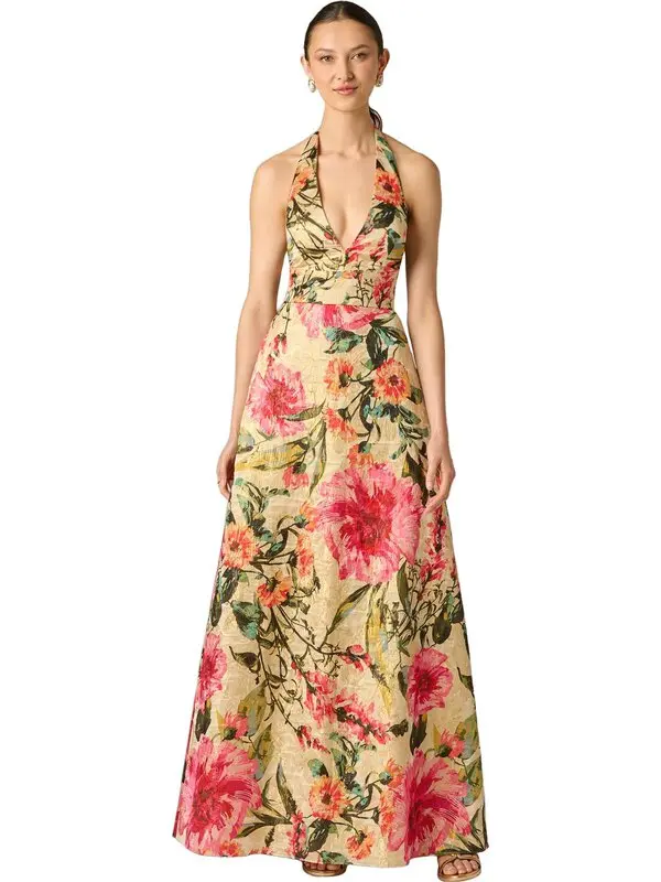 Aidan Mattox Floral Jacquard Plunge Neck Halter Ballgown - Pink Multi
