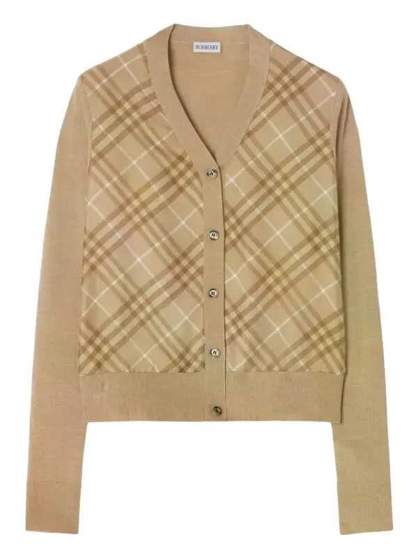 Burberry Check Panel Wool Silk Cardigan - Neutrals