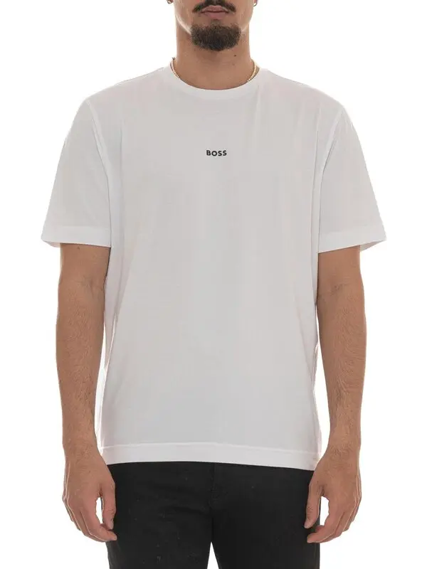 BOSS Crew Neck Stretch-cotton T-shirt With Contrast Chest Logo - White