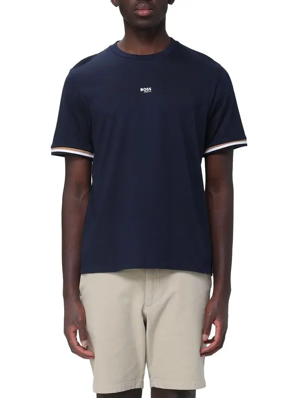 BOSS Slim Fit Cotton Crew Neck T-shirt With Contrast Logo And Trims - Blue
