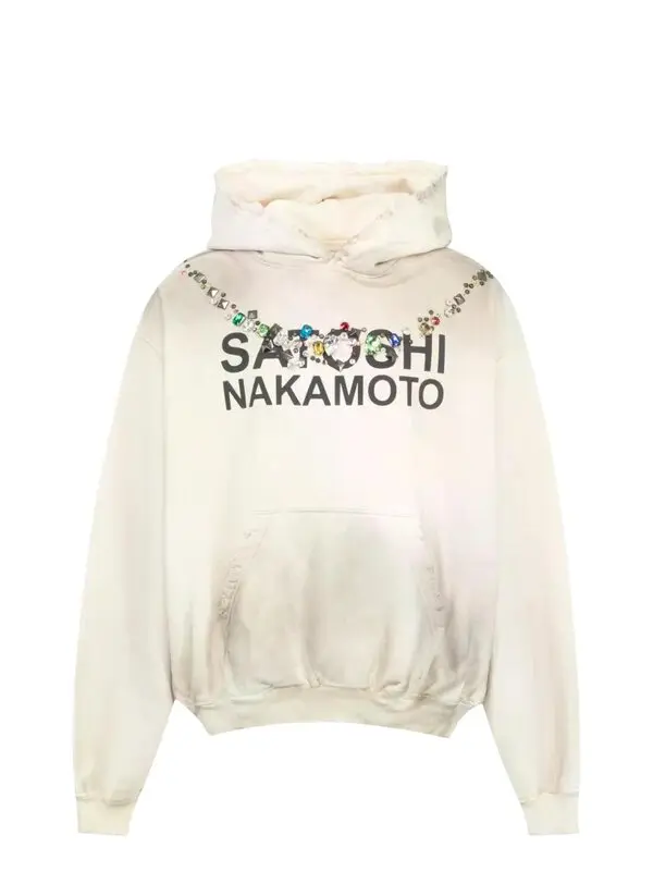 SATOSHI NAKAMOTO Crystal Embellished Logo Print Hoodie - White
