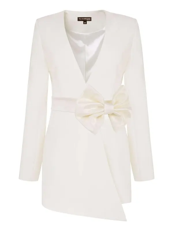 TIA DORRAINE Pearl Embellished Blazer With Bow Belt - White