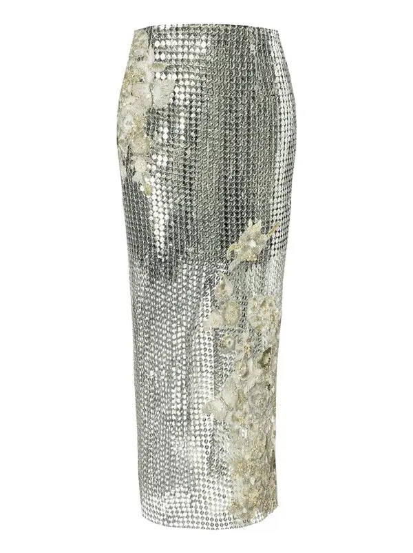 LA FUORI Sequined Midi Skirt With Floral Embellishments - Silver